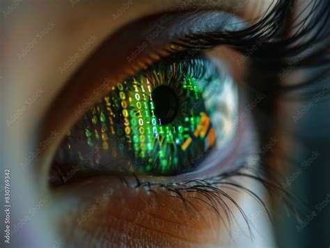 Person S Eyes With Reflection Of Binary Code It Symbolizes The Integration Of Technology With