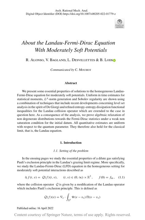 Pdf About The Landau Fermi Dirac Equation With Moderately Soft Potentials