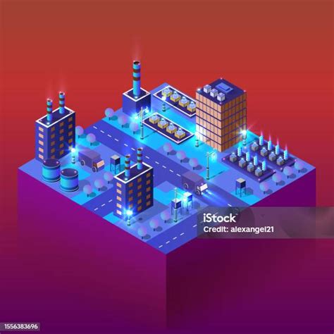 도시 산업 공장 아이소메트릭 야간 조명 건축 3d 일러스트레이션 0명에 대한 스톡 벡터 아트 및 기타 이미지 0명 3차원 형태 개념 Istock