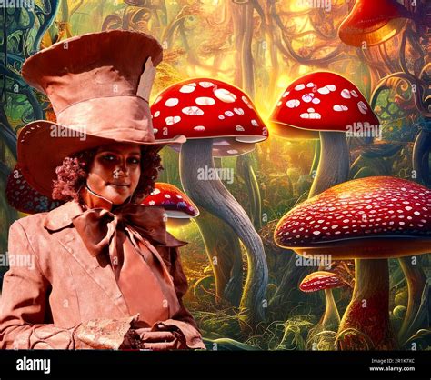 The Mad Hatter From Alice In Wonderland In Magic Mushroom Fantasy Landscape Stock Photo Alamy
