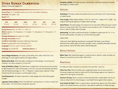 5e Stat Block For Duke Rowan Darkwood R Planescapesetting