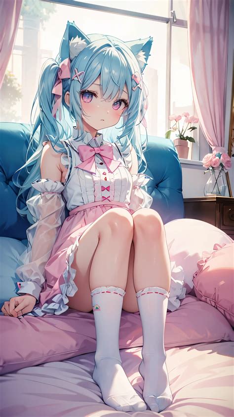 고양이 귀와 분홍색 드레스를 입고 침대에 앉아 있는 애니메이션 소녀 Seaart Ai