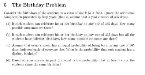 Solved 5 The Birthday Problem Consider The Birthdays Of The
