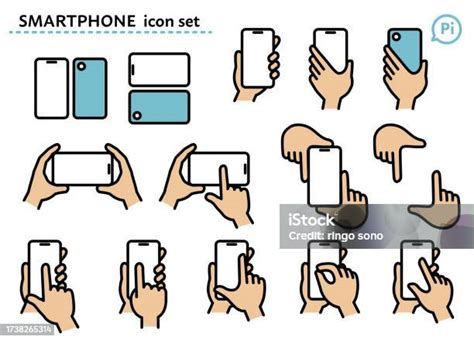 스마트폰과 손 아이콘은 간단한 선 그리기로 설정되었습니다 Brand Name Mobile Payment에 대한 스톡 벡터 아트 및 기타 이미지 Brand Name