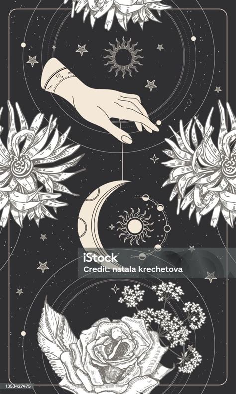 마법의 손 손 태양 초승달 별과 달 단계 조각 수직 배너 타로 카드 점성술 일러스트레이션 타로 카드에 대한 스톡 벡터 아트 및 기타 이미지 Istock