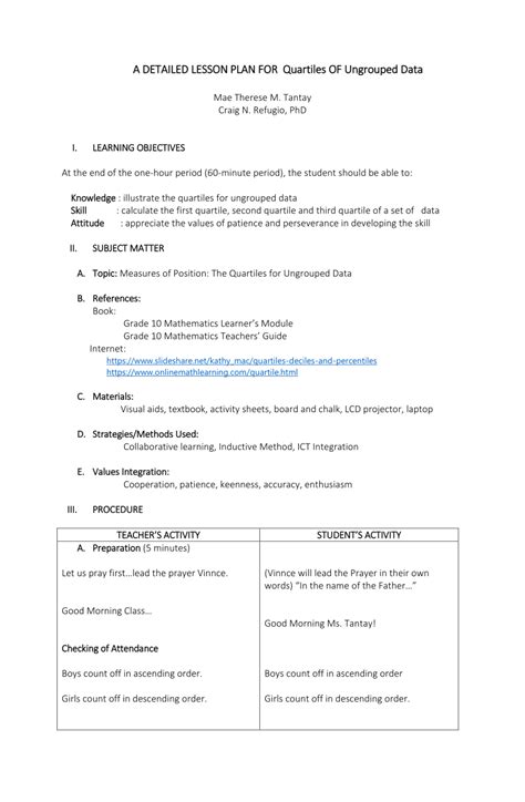 Pdf A Detailed Lesson Plan For Quartiles Of Ungrouped Data