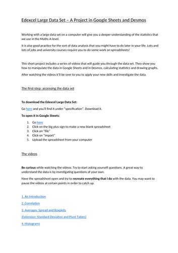 Edexcel Large Data Set Project As And A Level Maths Teaching Resources