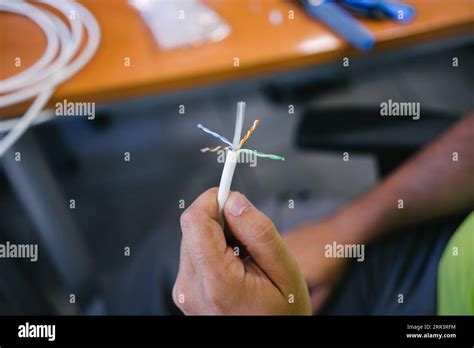 Cut Ethernet Network Cable Prepared To Crimp An RJ Connector Stock Photo Alamy
