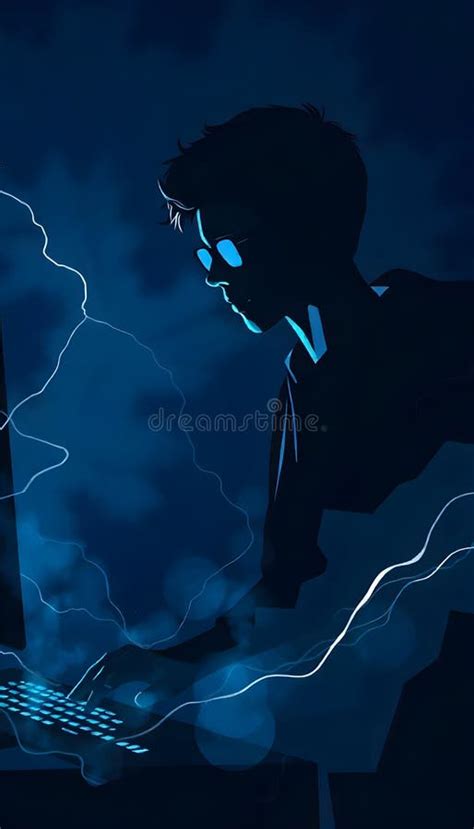 Young Boy Working On Computer In Dark Blue Silhouette Scene Stock
