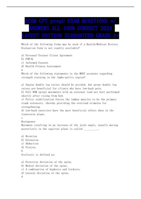 Acsm Cpt Prepu Exam Questions W Answers All 100 Correct 2024 Latest