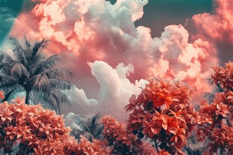 Premium Ai Image A Pink Sky With Palm Trees And A Pink Sky With Clouds