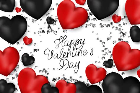 벡터 발렌타인 데이를위한 낭만적 인 디자인 사실적인 3d 빨간색과 검은 색 하트 모양의 젤 풍선 손으로 쓴 텍스트입니다 축제 배너 웹 포스터 전단지 세련된 브로셔 엽서 커버