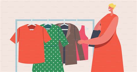 여성 캐릭터는 야외 차고 판매 이벤트 중에 구매할 옷을 선택합니다 주말 박람회 벼룩시장 또는 중고품에서 옷걸이에 걸린 다른 낡은 옷을 보는 여자 만화 벡터