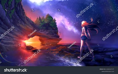 Beautiful Fantasy Anime Girl Alone Near Stock Illustration 2200167177