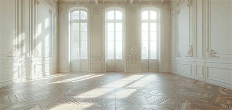 Sunbeams Stream Through Large Windows In A Spacious Empty Room With