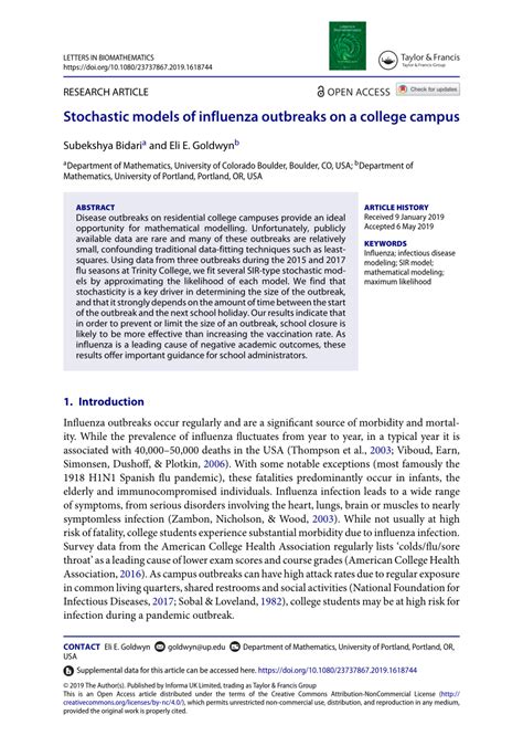 Pdf Stochastic Models Of Influenza Outbreaks On A College Campus