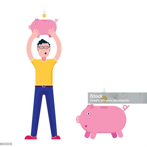 머리와 황금 동전 저금통을 들고 남자는 그것에 빠진다 만화 문자 평면 스타일 디자인 벡터 일러스트 레이 션 흰색 배경에 고립 된 돈과 금융 성공 절약의 상징 금 금속에 대한