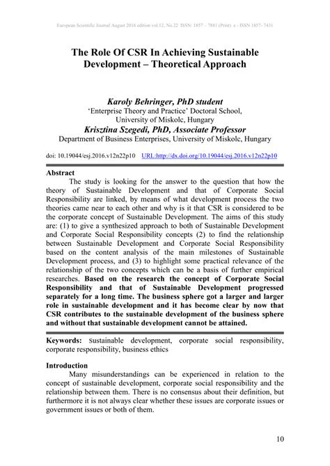 Pdf The Role Of Csr In Achieving Sustainable Development Theoretical Approach