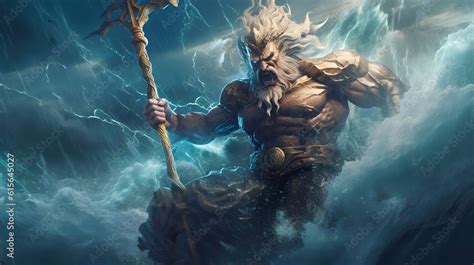 Giant Poseidon Coming Out Of The Stormy Sea Greek Mythological God Wearing Gold Bracelets
