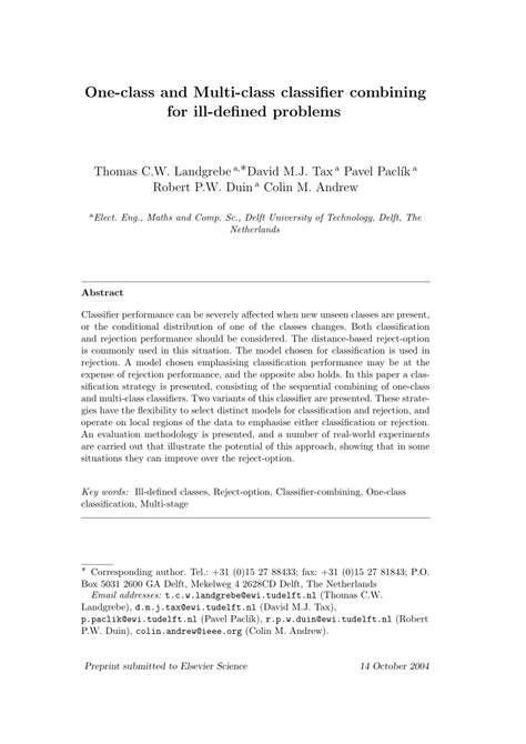 Pdf One Class And Multi Class Classifier Combining For Ill Defined