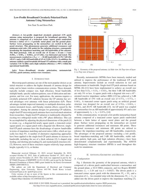 Pdf Low Profile Broadband Circularly Polarized Patch Antenna Using Metasurface