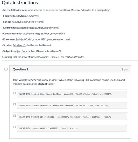 solved quiz instructions use the following relational sch