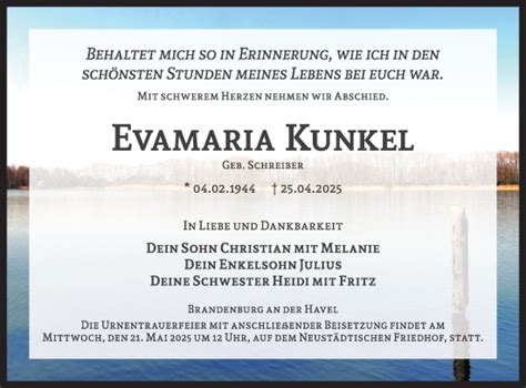 Traueranzeigen Von To Evamaria Kunkel Märkische Onlinezeitung
