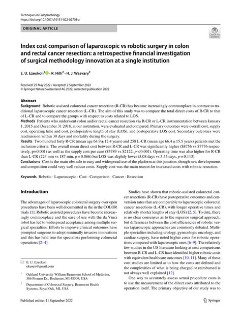 Pdf Index Cost Comparison Of Laparoscopic Vs Robotic Surgery In Colon And Rectal Cancer