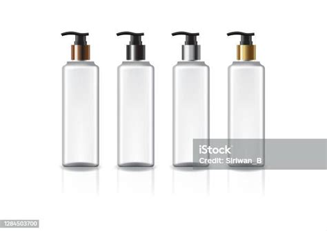 4 색 펌프 헤드가있는 화이트 스퀘어 화장품 병은 아름다움과 건강한 제품을 위한 것입니다 건강관리와 의술에 대한 스톡 벡터 아트 및 기타 이미지 건강관리와 의술 검은색
