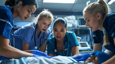 Premium Photo A Group Of Female Doctors And Nurses In Scrubs Gather Around A Patient In A