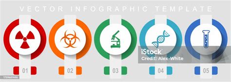 과학 평면 디자인 아이콘 세트 방사선 생물학적 위험 현미경 Dna 및 시험관 벡터 인포 그래픽 템플릿 웹 버튼 모음과 같은 기타