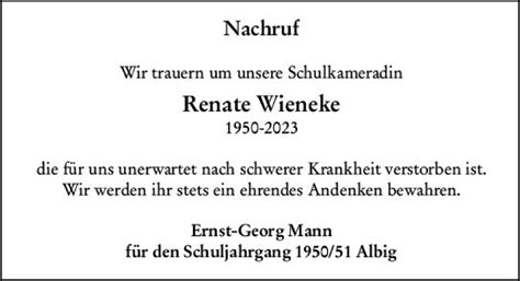 Traueranzeigen Von Renate Wieneke Vrm Trauerde