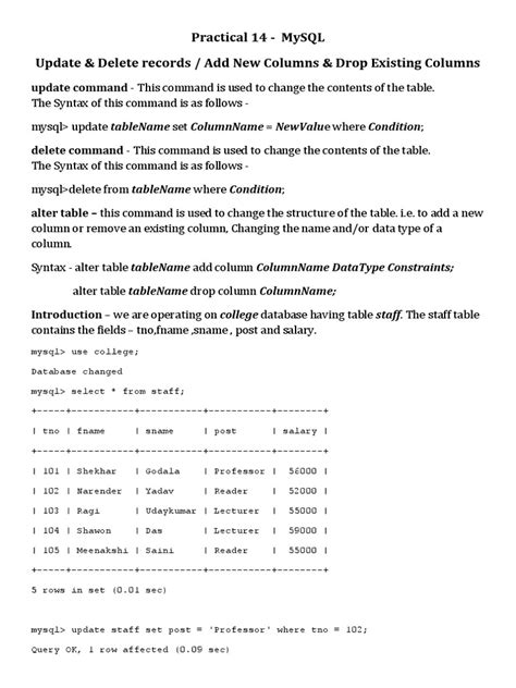 practical 17 update delete alter table pdf table database
