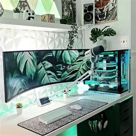 White And Green Ultrawide Gaming Pc Setup Spacebound Setups Small Game Rooms Bedroom Setup