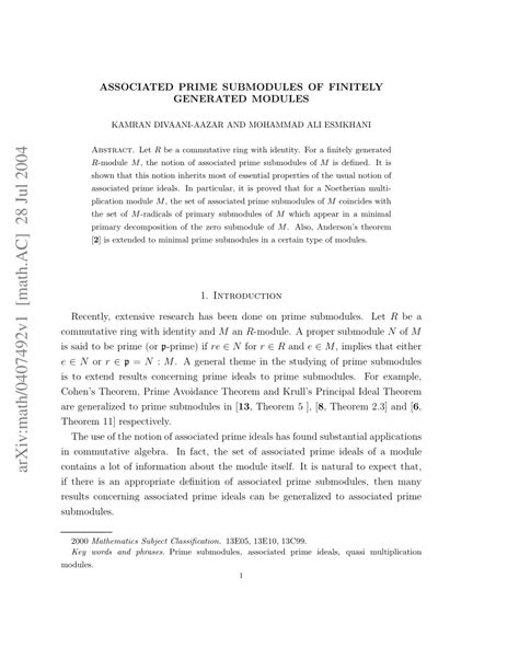 Pdf Associated Prime Submodules Of Finitely Generated Modules