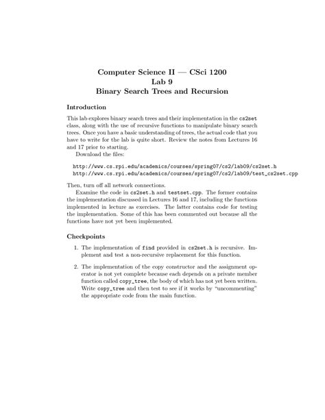 Binary Search Trees And Recursion Laboratory 9 Csci 1200 Lab Reports Data Structures And