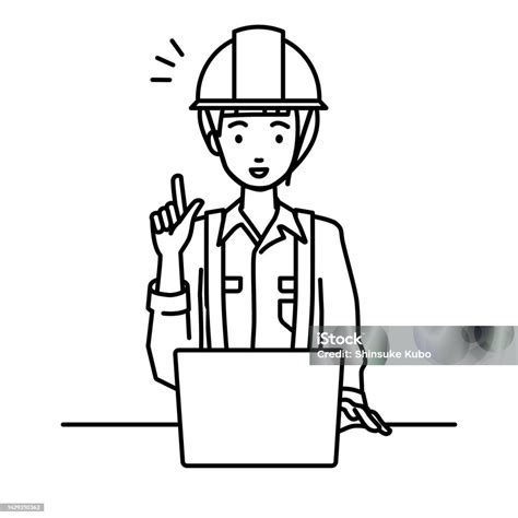 랩톱 컴퓨터를 사용하여 건설 현장에서 일하는 한 여성이 책상에서 손 짓을 가리키며 아이디어를 얻습니다 가리키기에 대한 스톡 벡터 아트 및 기타 이미지 Istock