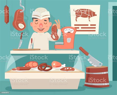 고기가 게 카운터 정육점 판매자 복고풍 빈티지 만화 캐릭터 아이콘 배경 디자인 벡터 일러스트 레이 션 정육점에 대한 스톡 벡터 아트 및 기타 이미지 Istock