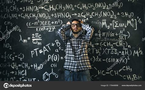 scientist man disappointed about problems experiment in chemical and mathematical equations room