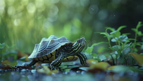 Cute Turtle Crawling Slowly A Small Reptile In Nature Generated Stock Illustration