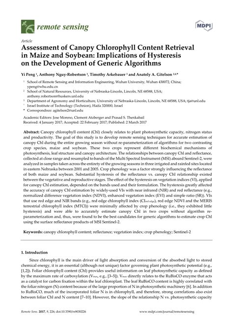 Pdf Assessment Of Canopy Chlorophyll Content Retrieval In Maize And Soybean Implications Of