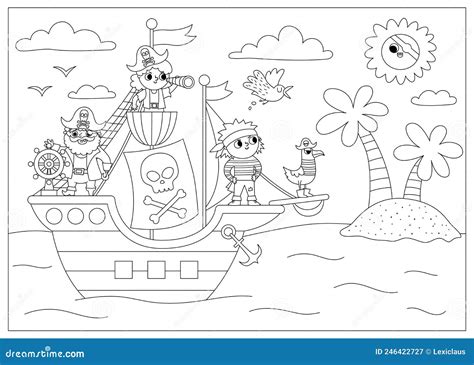 Vector Black And White Pirate Ship Scene Line Raider Vessel With