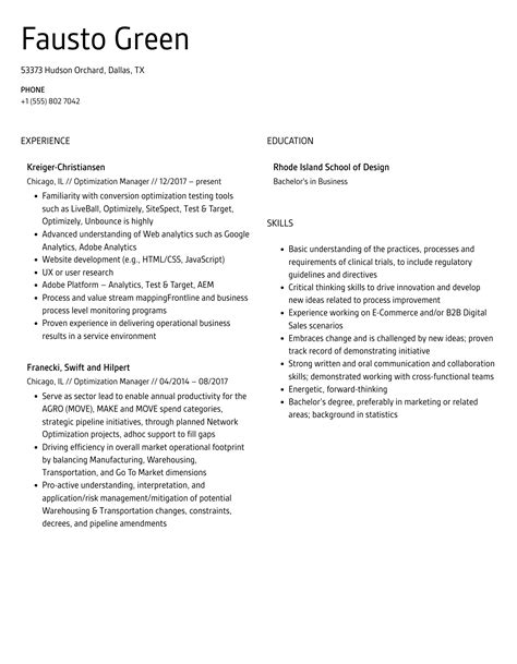 Optimization Manager Resume Samples Velvet Jobs
