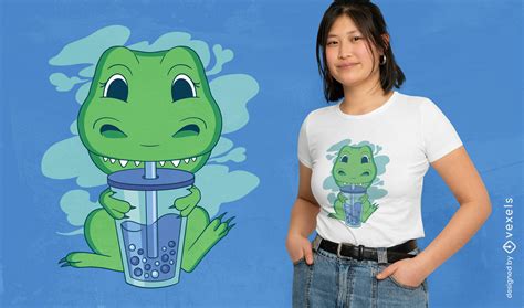 Cute T Rex Drinking Bubble Tea T Shirt Design Vector Download