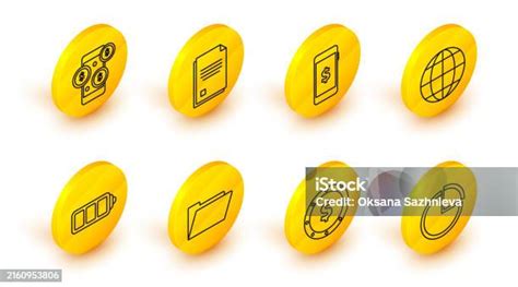 라인 파이 차트 인포그래픽 달러 기호가 있는 동전 돈 문서 폴더 배터리 충전 수준 표시기 지구 지구본 스마트폰 파일 문서 및 아이콘을 설정합니다 벡터 3차원 형태에 대한