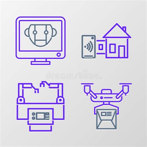Set Line Drone Delivery Concept Assembly Line Smart Home And Bot Icon Vector Stock