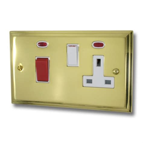 Victorian Polished Brass Cooker Switch With Socket White Switch