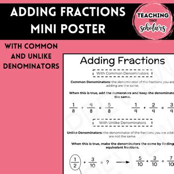 Adding Fractions With Common Unlike Denominators Anchor Chart Mini Poster