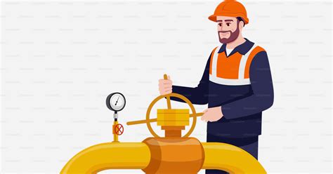 파이프라인 수리 세미 플랫 Rgb 컬러 벡터 그림입니다 가스맨이 일하고 있습니다 연료 생산 및 운송 가스 산업 남성 노동자는 흰색 배경에 만화 캐릭터를 고립시켰다 벡터