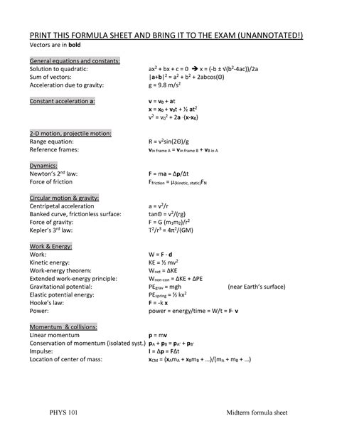 PHYS 101 2019 Midterm Formula Sheet PHYS 101 Midterm Formula Sheet PRINT THIS FORMULA SHEET